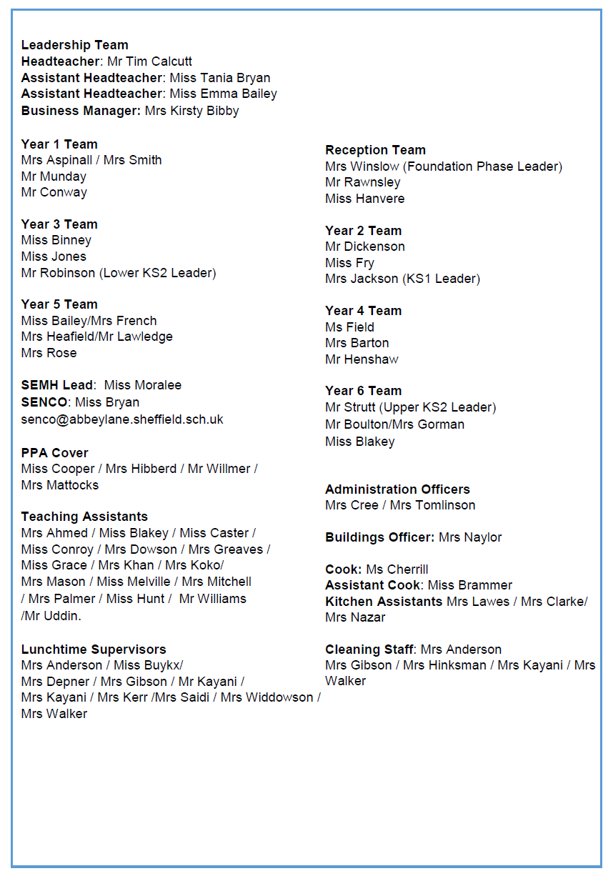 Abbey Lane Primary School - Staff